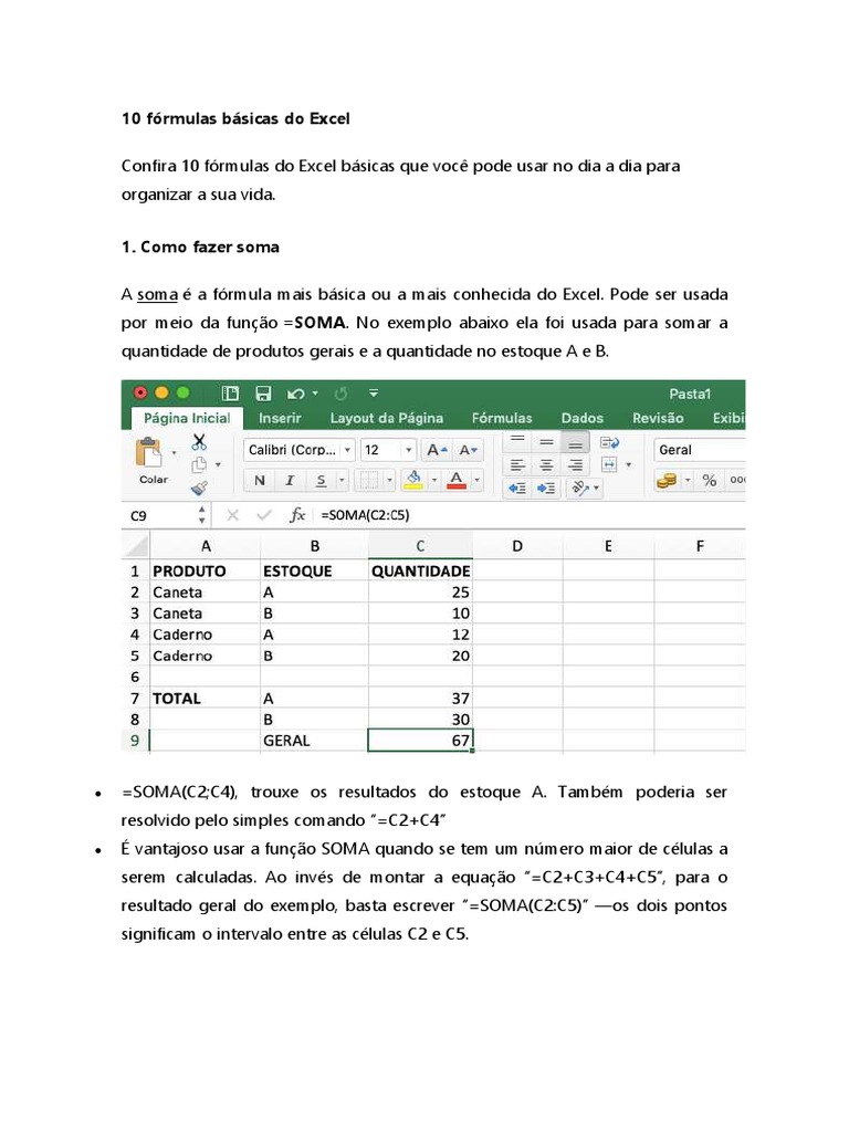 Lista - Excel Algumas Fórmulas | PDF | Equações | Função (Matemática)