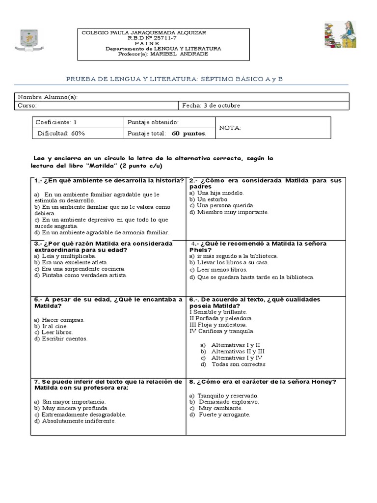 Prueba de Matilda 7 Básico. | PDF