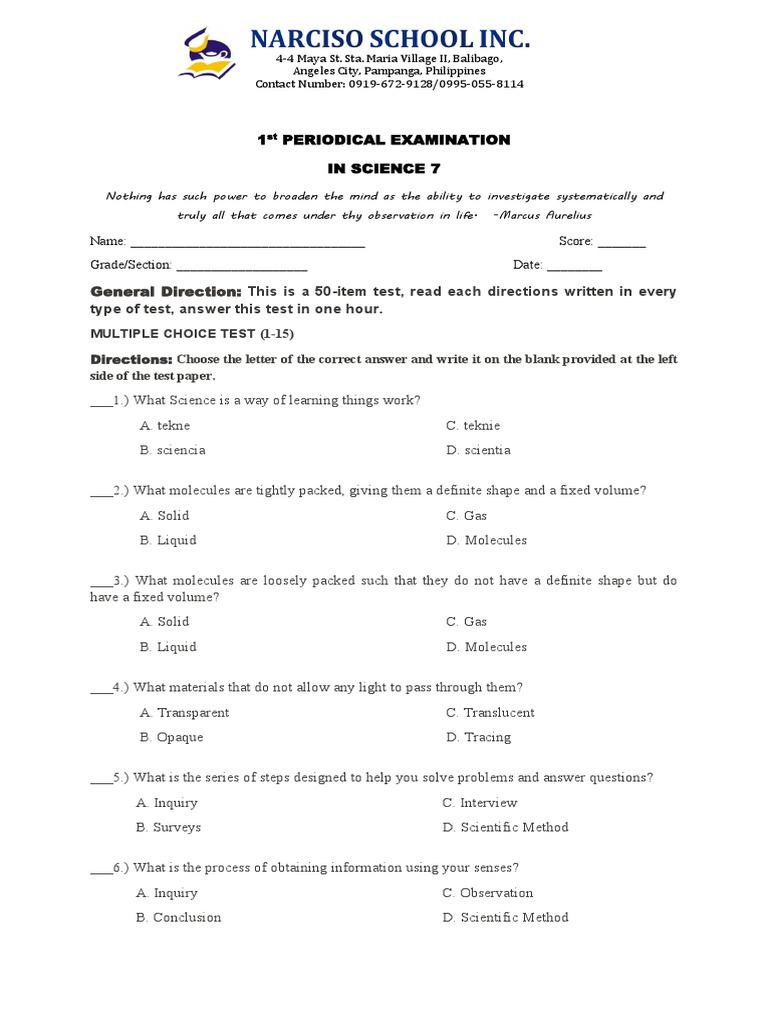 Grade7-1st Periodical Examination Science7 | PDF | Ion | Mixture