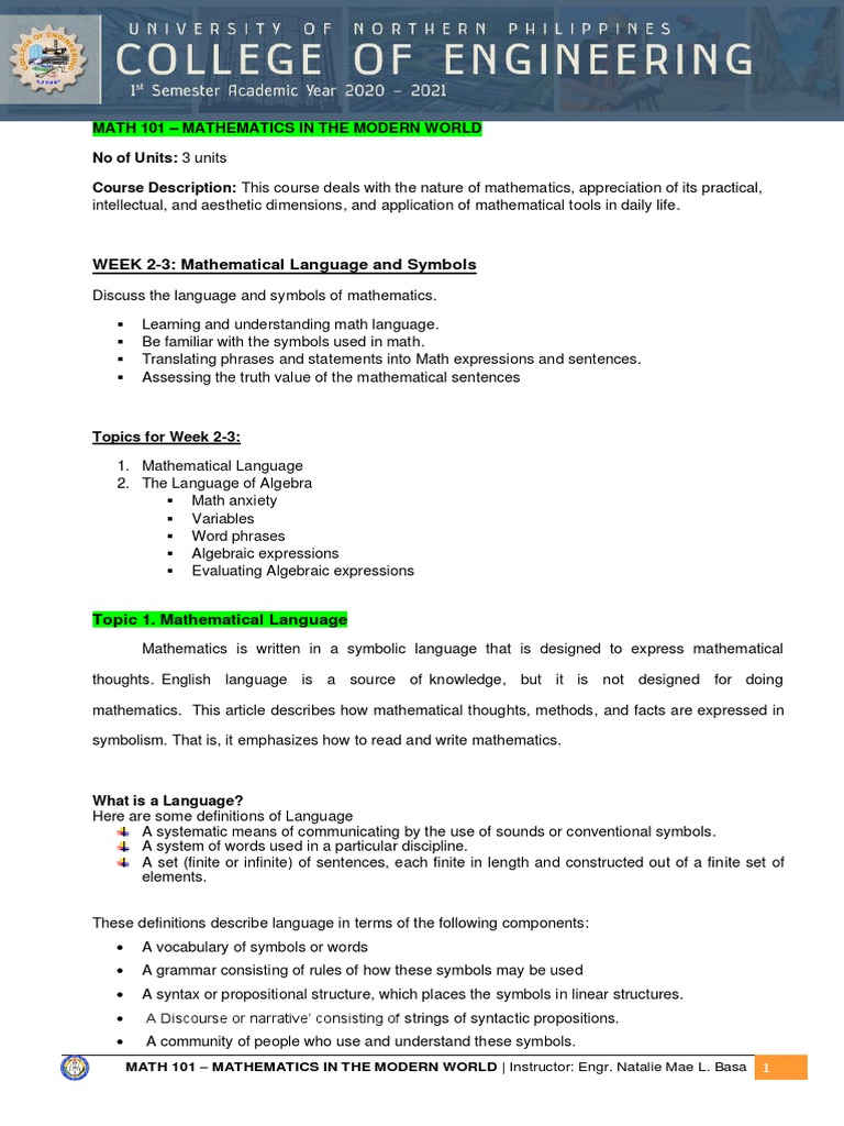MATH 101 MODULE 2 Mathematical Language and Symbol | PDF | Mathematics | Variable (Mathematics)