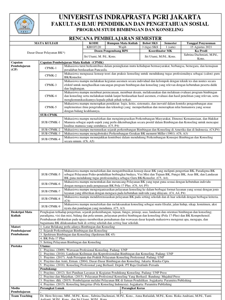 RPS Dasar-Dasar Pelayanan BK Gasal 2022-2023 | PDF