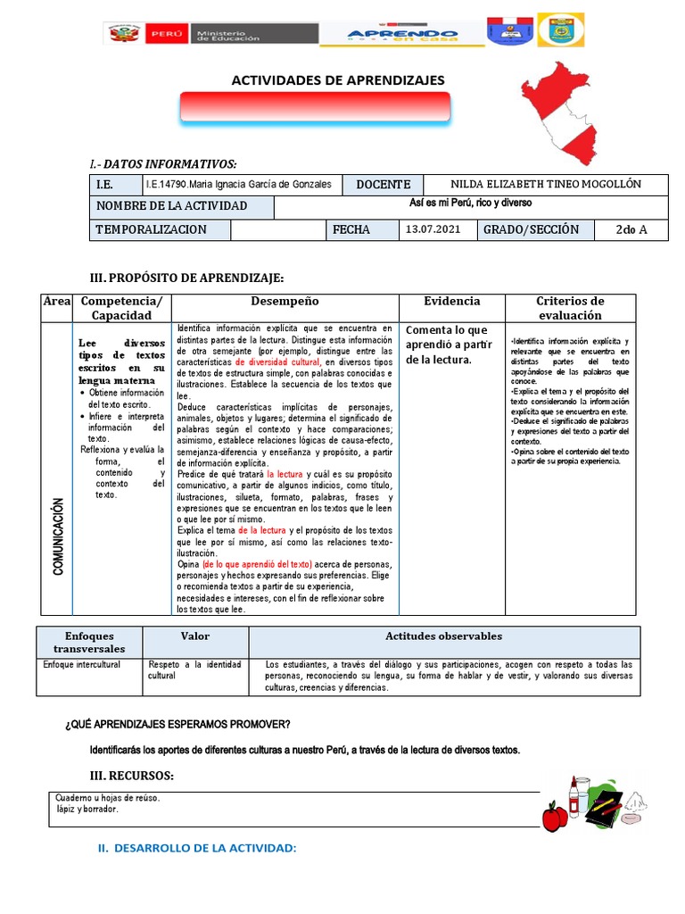 13.07.2021 COMUNICACION Así Es Mi Perú, Rico y Diverso | PDF | Evaluación | Perú
