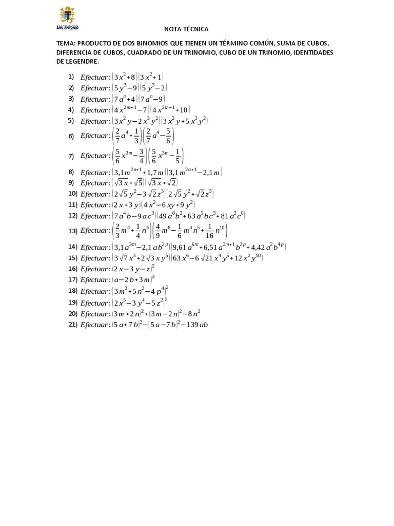 Binomio Común, Suma de Cubos, Diferencia de Cubos, Cuadrado y Cubo de Un Trinomio. | PDF