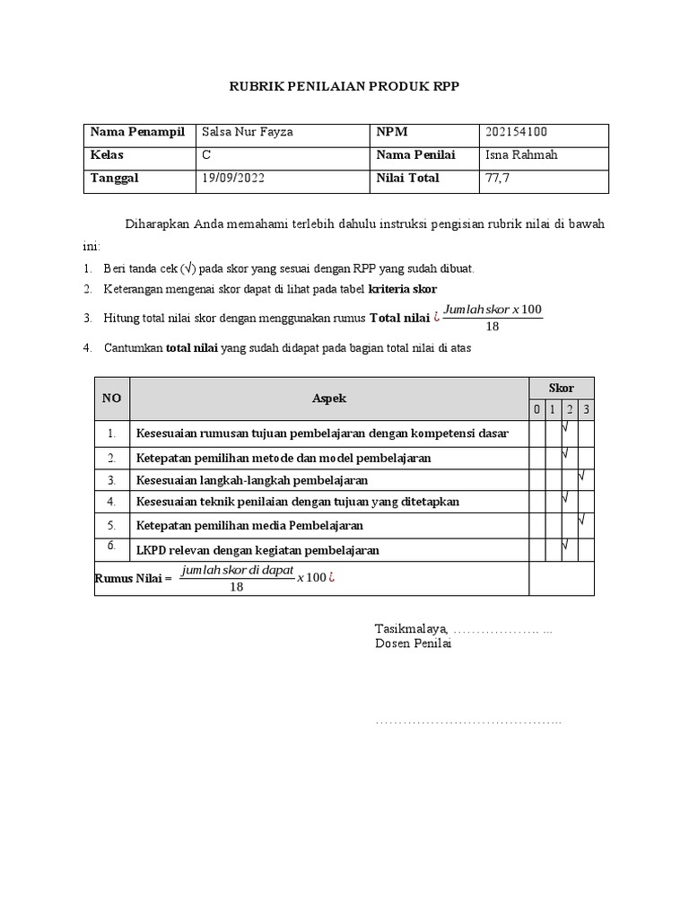 Nilai RPP Isna+Rahmah Struktur Sel | PDF