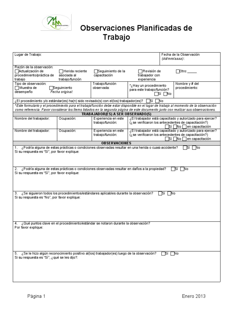 04 Formulario de Observaciones Planificadas de Trabajo | PDF