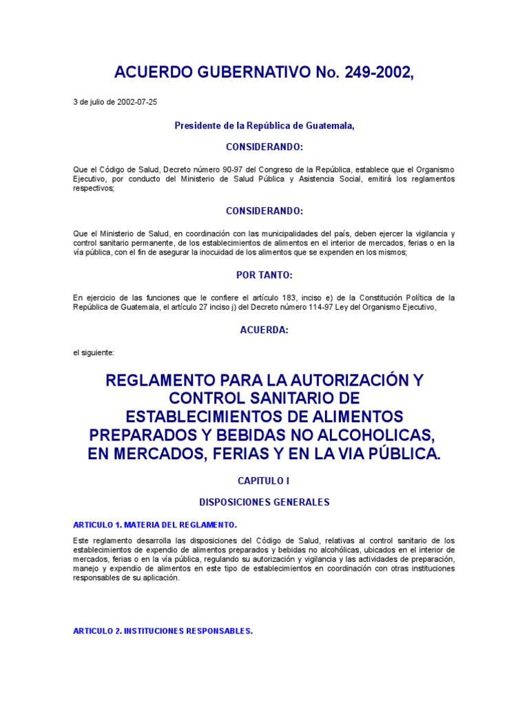 ACUERDO GUBERNATIVO 249-2002 (Ventas en Vía Pública) | PDF | Alimentos ... ACUERDO GUBERNATIVO 249-2002 (Ventas en Vía Pública) | PDF | Alimentos ...