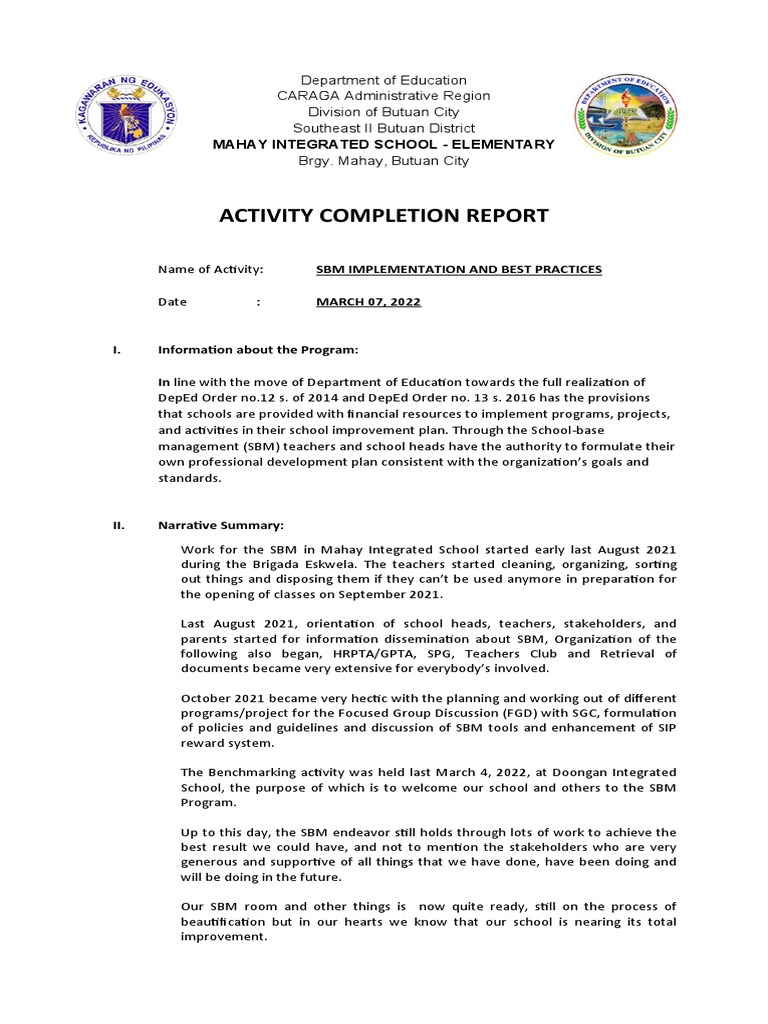 Accomplisment Reportin SBM | PDF | Business