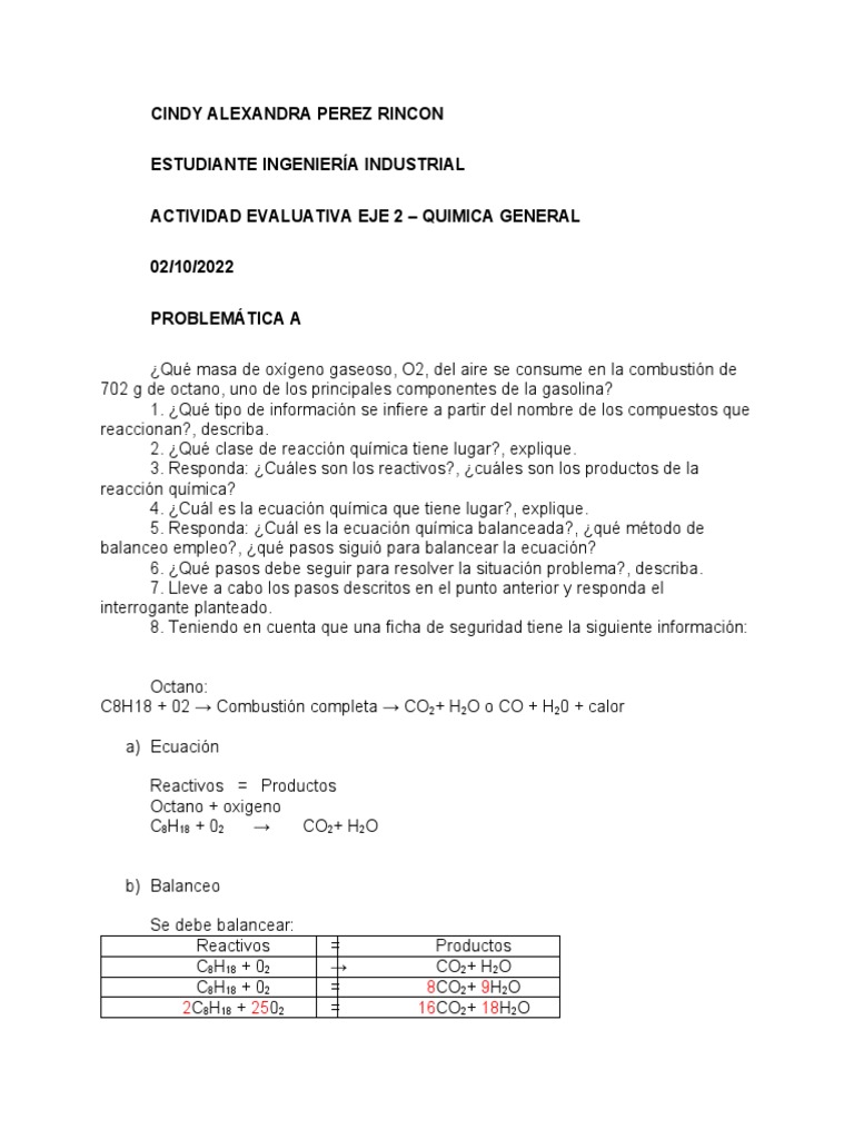 Análisis químico de la combustión del octano y reacción de ...