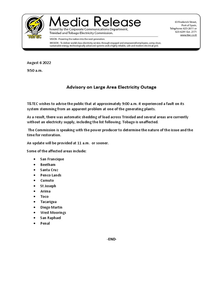 Advisory On Large ARea Outage | PDF