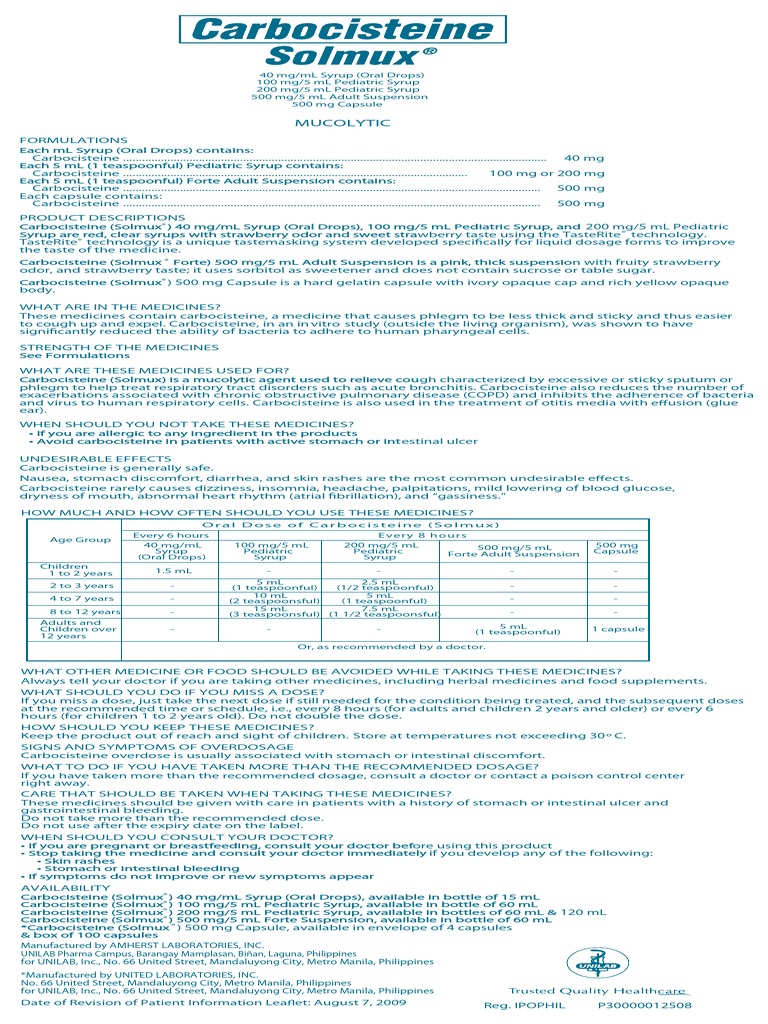 Solmux Adult Suspension PIL | PDF | Dose (Biochemistry) | Chemistry