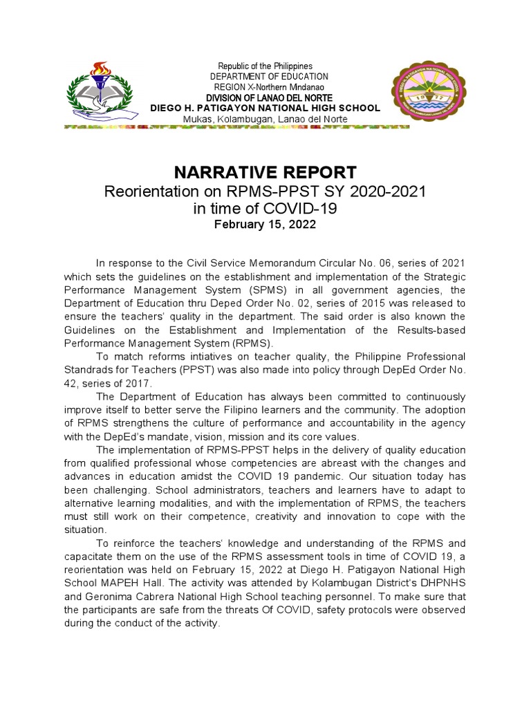 Narrative-Report-RPMS-PPST-Reorientation-school-copy | PDF | Learning ...
