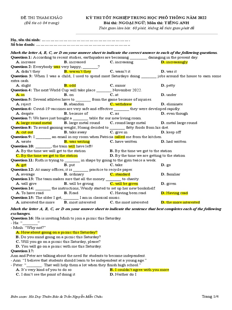 2022 High School English Exam Paper | PDF
