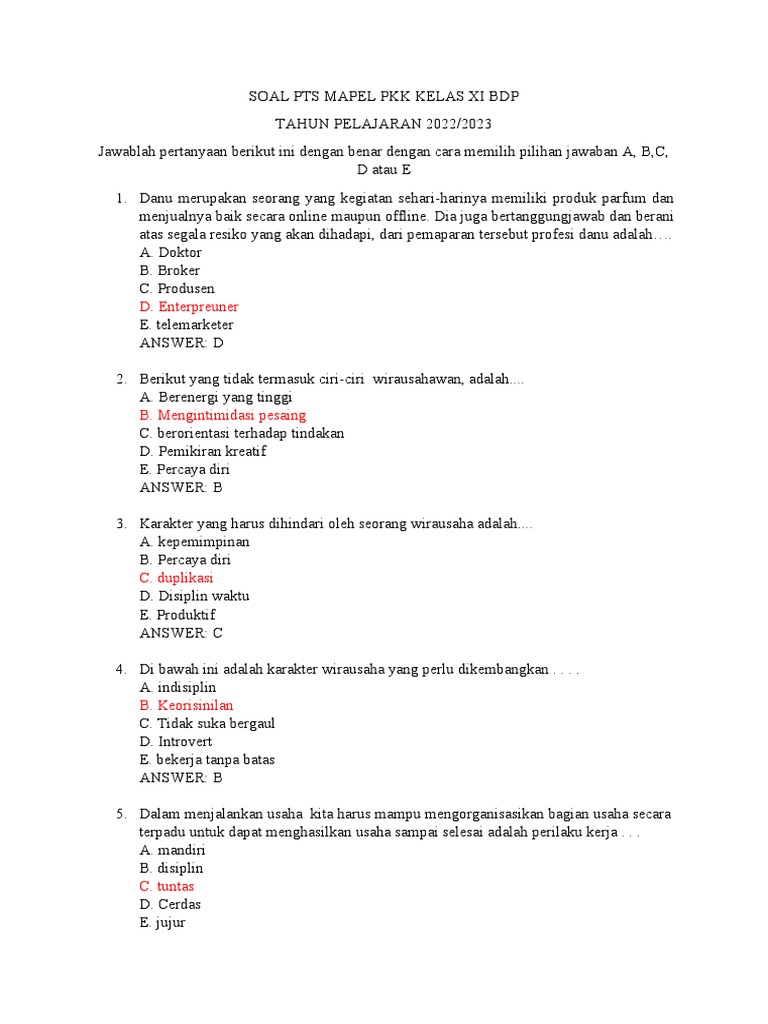 Soal Pts Mapel PKK Kelas Xi BDP | PDF