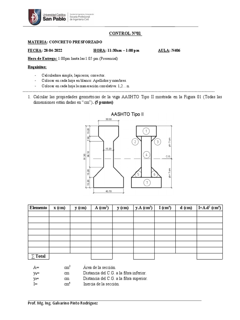 Control N°01 Concreto Presforzado - 2022-1 | PDF | Viga (Estructura) | Mecánica
