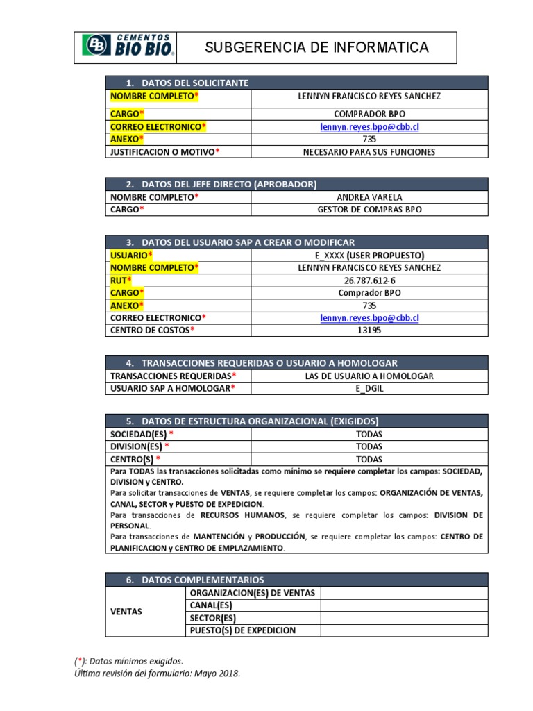 Formulario Alta y Modificacion Usuarios SAP v8 1 - Borrador | PDF ...