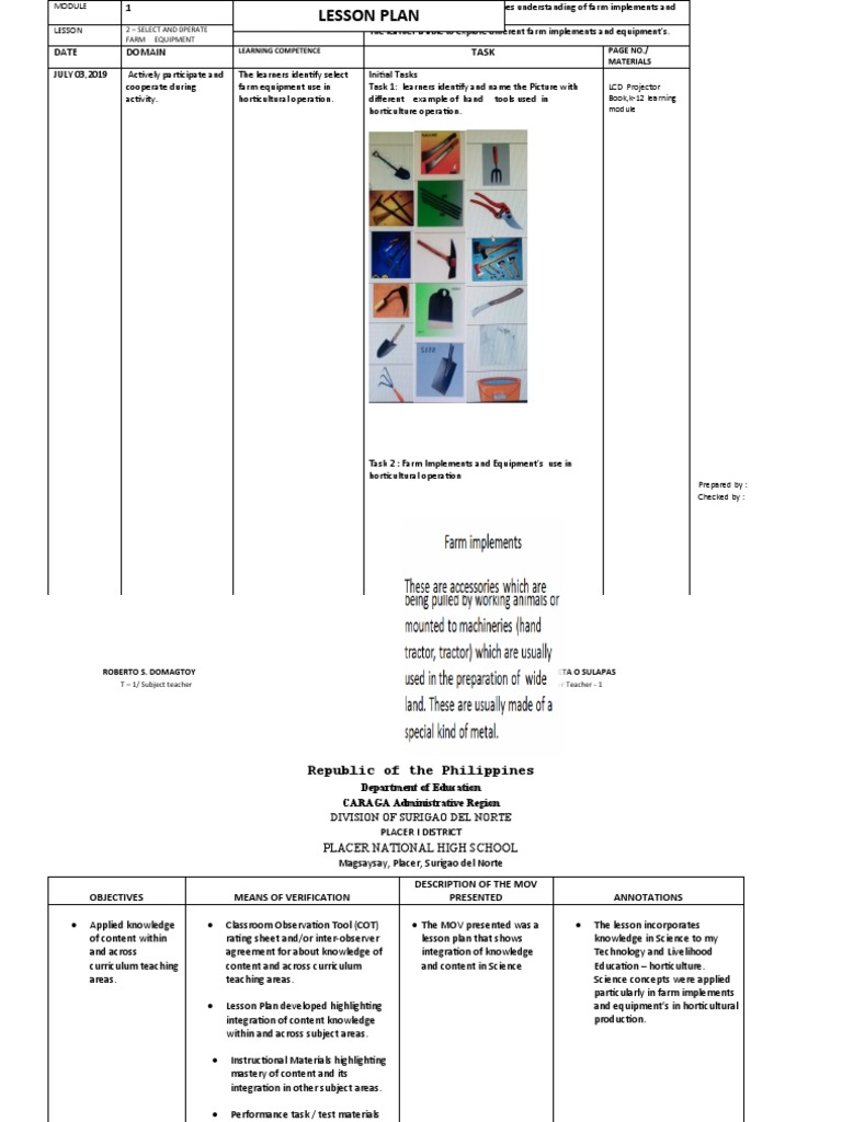 Farm Equipment Lesson Plan for Horticulture | PDF | Lesson Plan ...