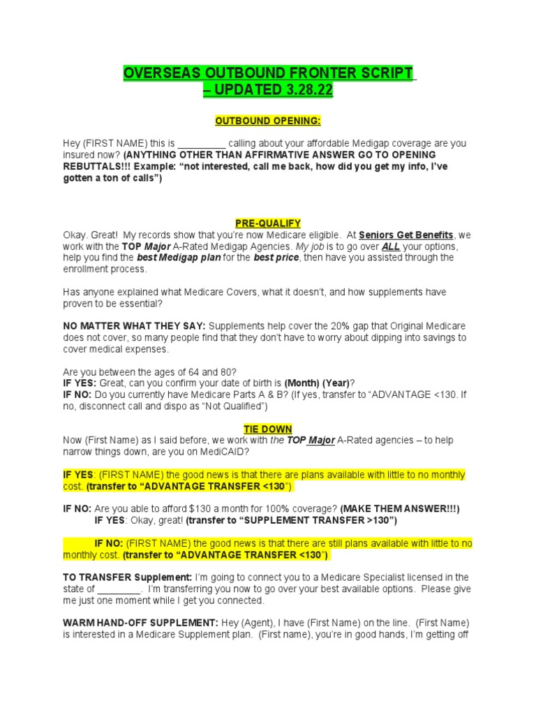 CBM Overseas OUTBOUND Fronter Script (Updated 3.28.22) | PDF | Medicare ...