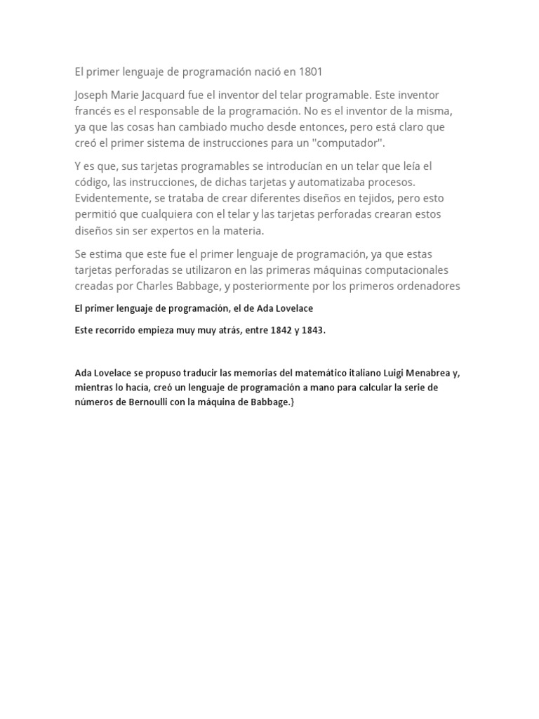 El Primer Lenguaje de Programación Nació en 1801 | PDF