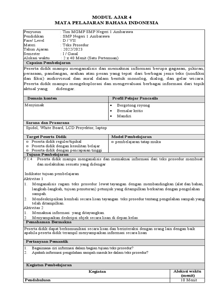 RPP Adiwiyata Bindo Kelas 7 | PDF