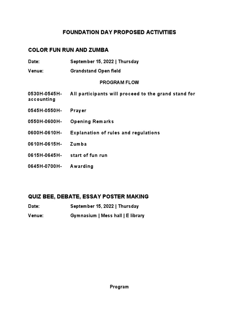 Foundation Day Proposed Activities | PDF | Sports & Recreation