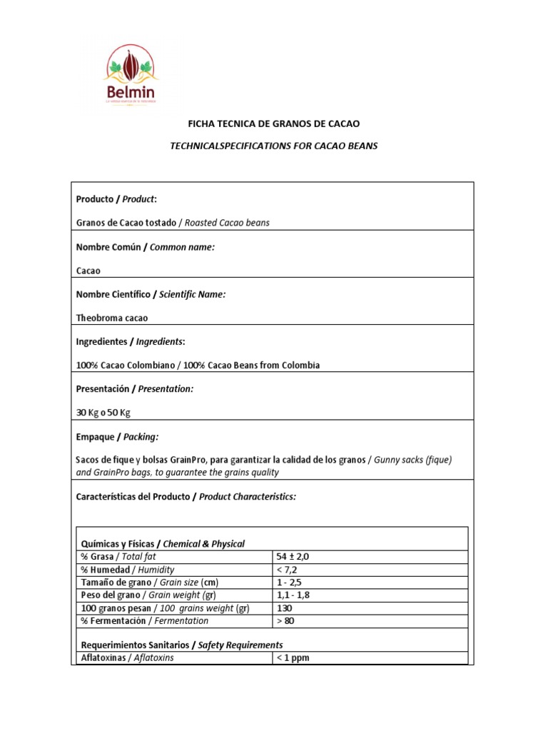 Ficha Tecnica Granos de Cacao SP en | PDF Ficha Tecnica Granos de Cacao SP en | PDF