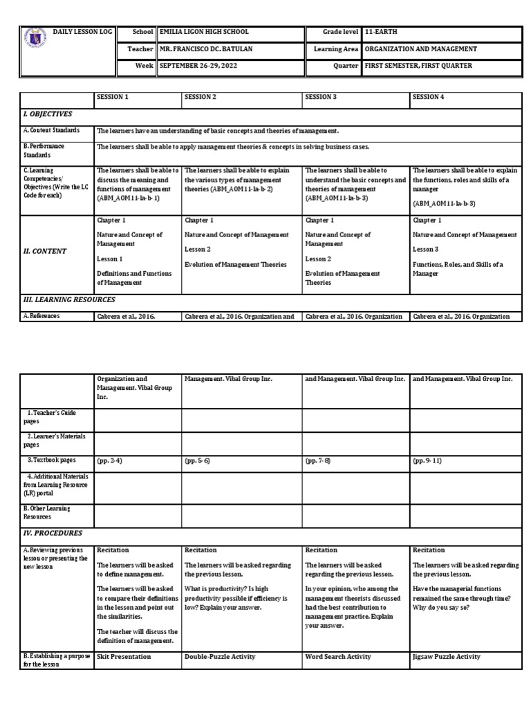 Daily Lesson Log-Organizational Management | PDF