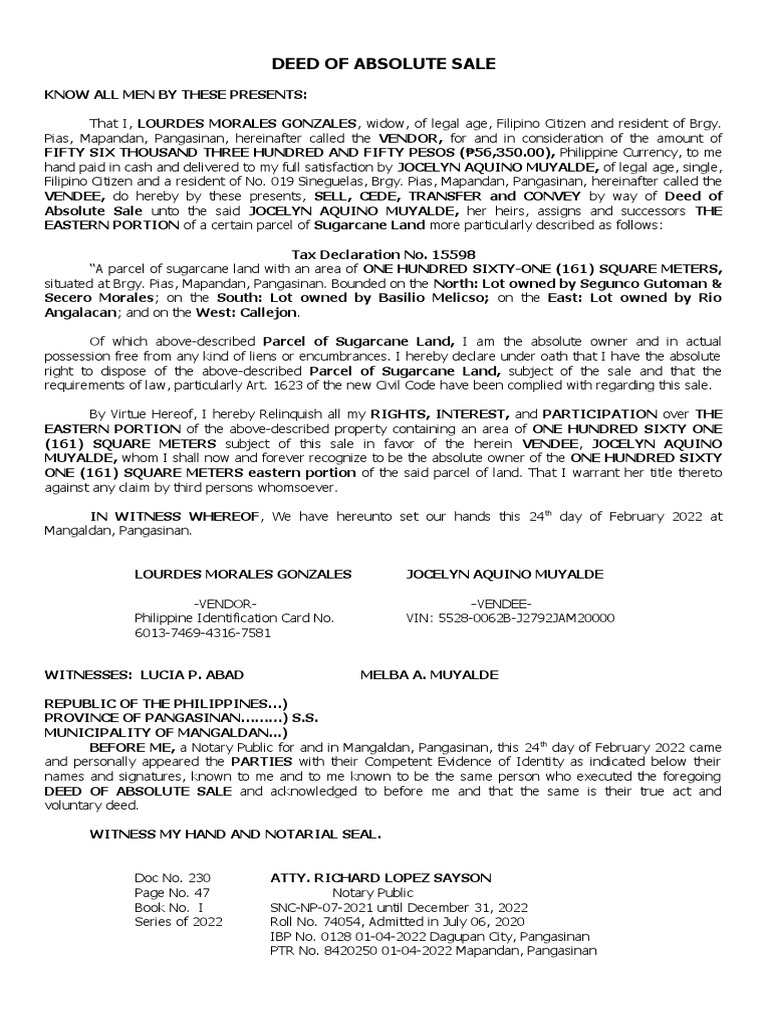 Deed of Absolute Sale - Tax Dec Jocelyn Muyalde | PDF | Private Law | Government