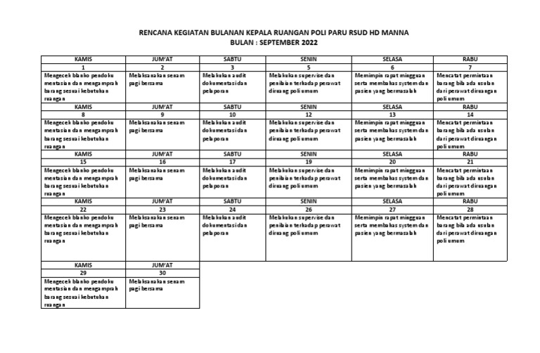 Laporan Rencana Kegiatan Bulanan Karu Poli Umum - September | PDF