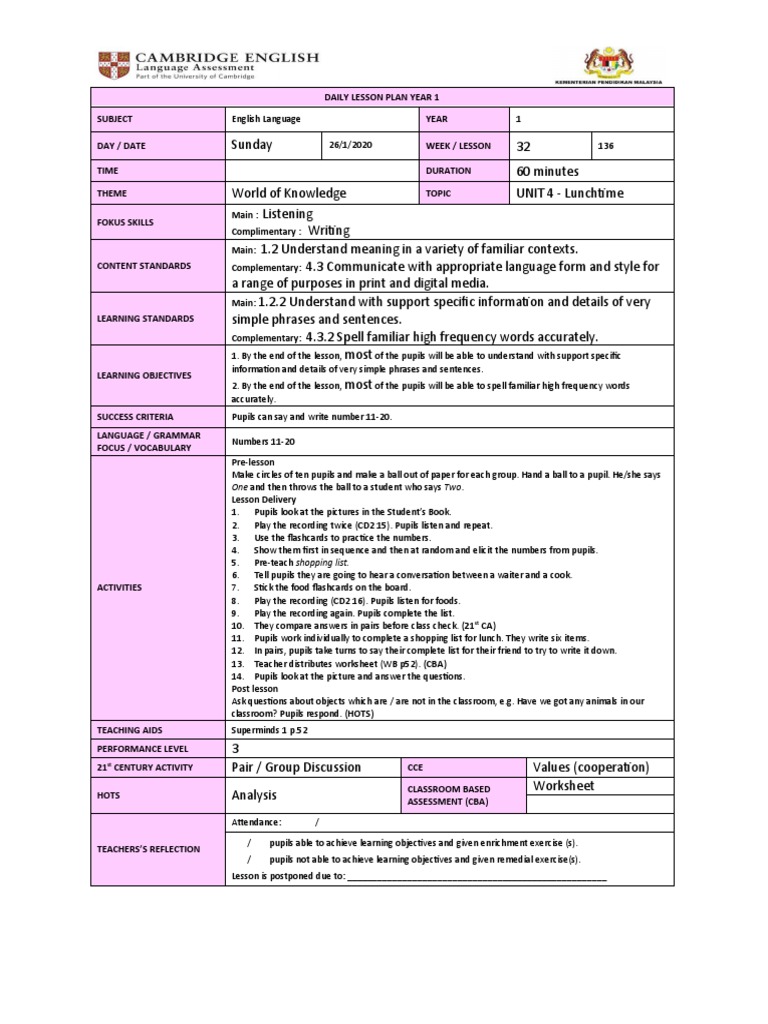 RPH Bi Year 1 (L136-140) | PDF | Lesson Plan | Teachers