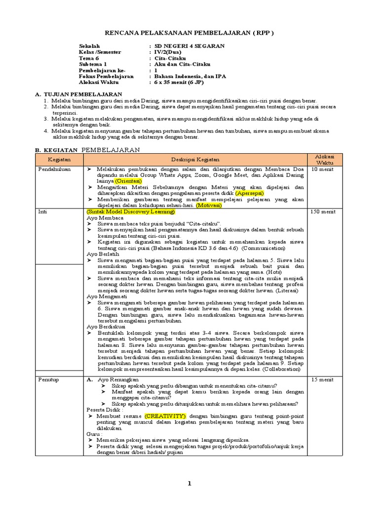 RPP Tema 6. Cita-Citaku | PDF