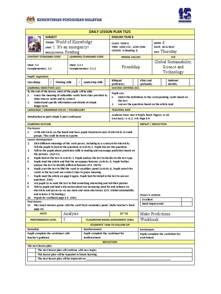 2 BI Y6 LP TS25 Unit 1 It's An Emergency! LP 6 16 | PDF