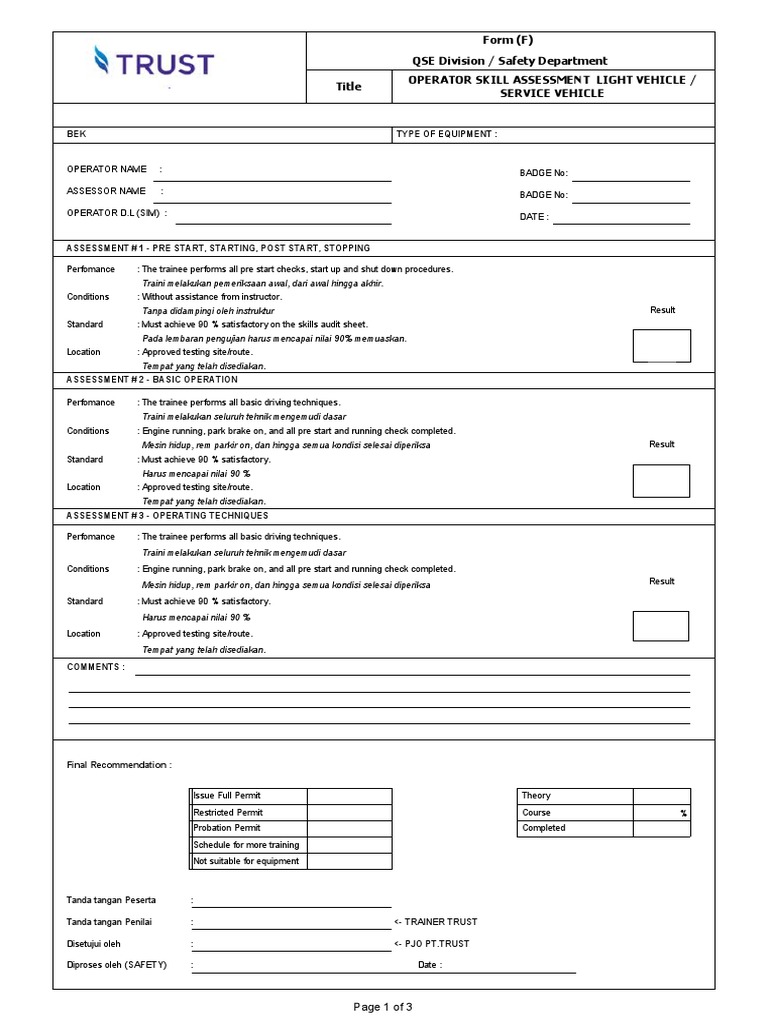 Operator Skill Assessmentn (Light Vehicle) Formula | PDF | Clutch ...