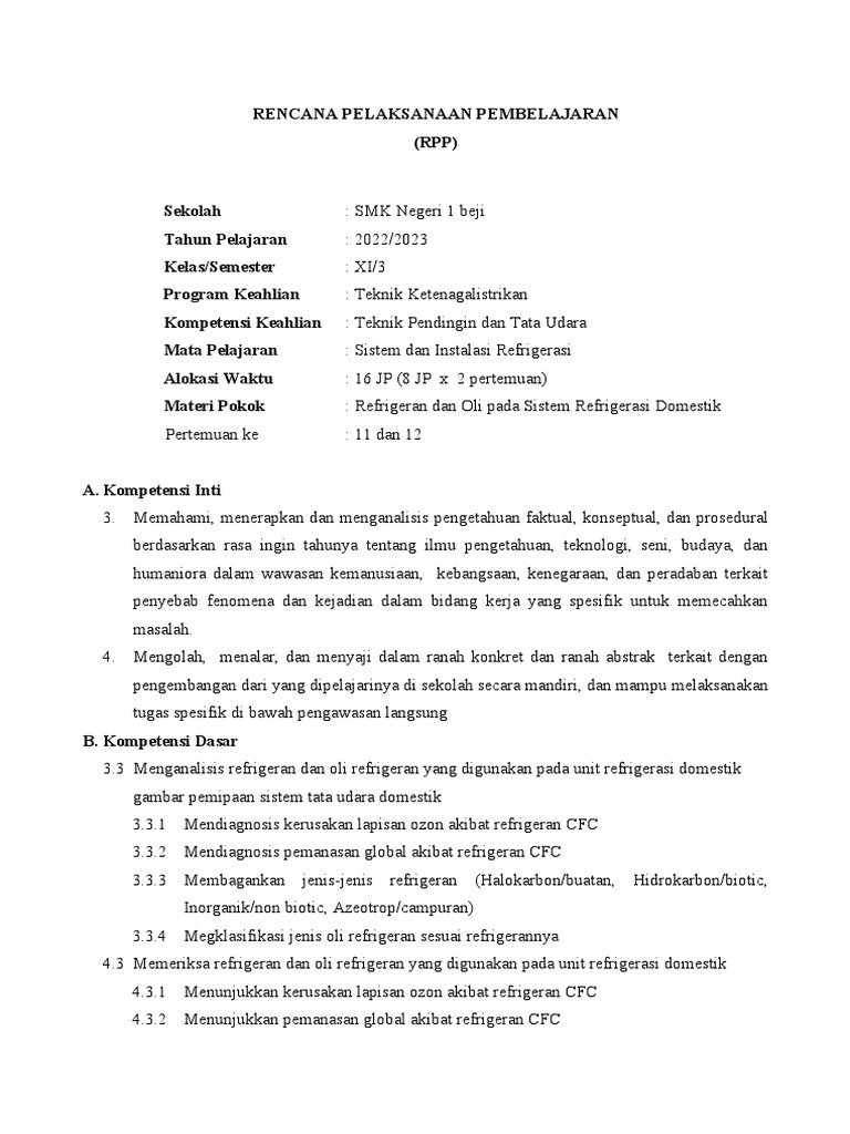 RPP Sistem Instalasi Refrigerasi Kelas 11 Pendingin PART 3 | PDF