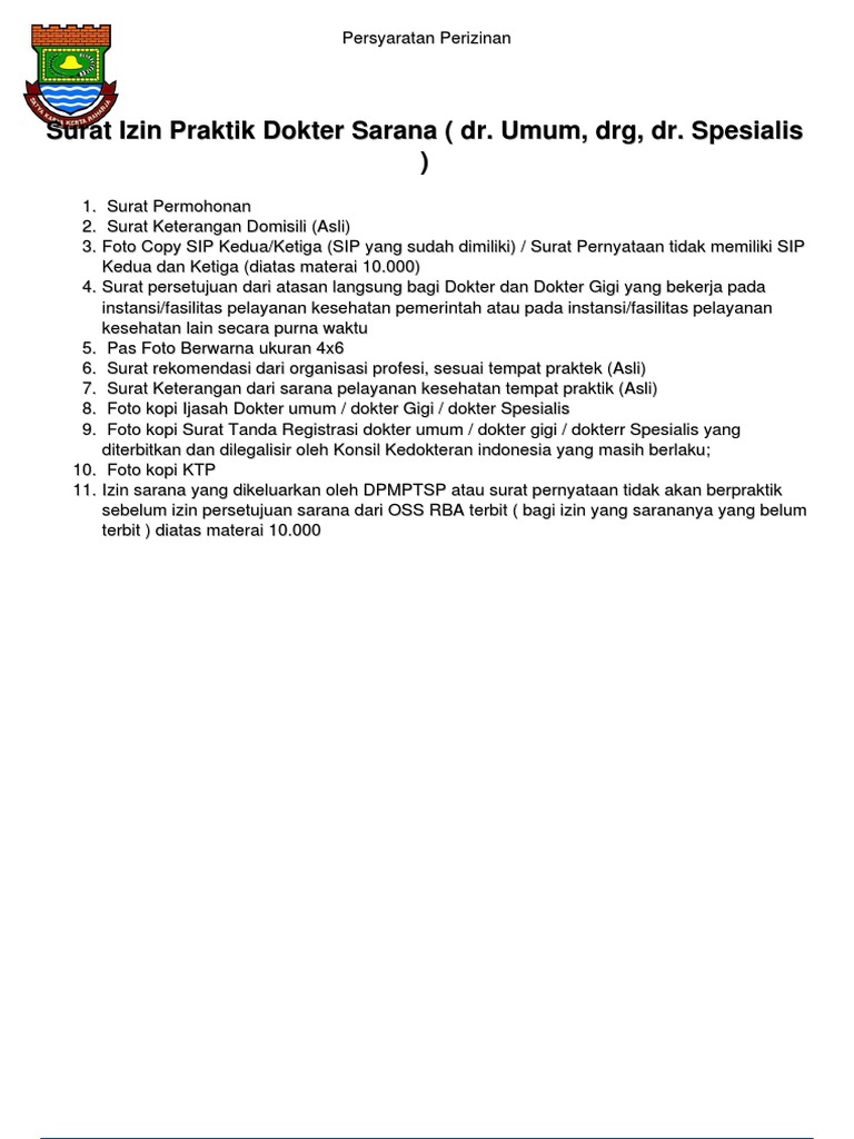 PersyaratanSurat Izin Praktik Dokter Sarana Dr. Umum DRG Dr. Spesialis | PDF