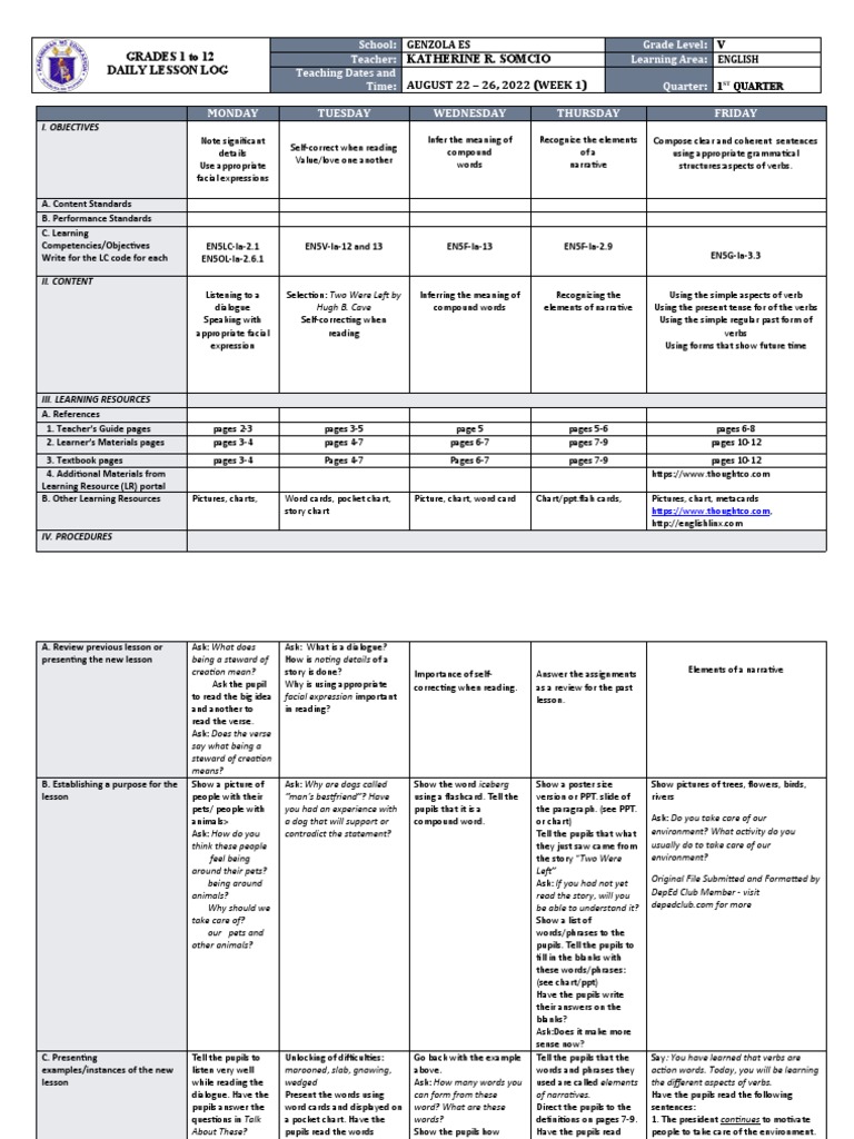 DLL - English 5 - Q1 - W1 | PDF