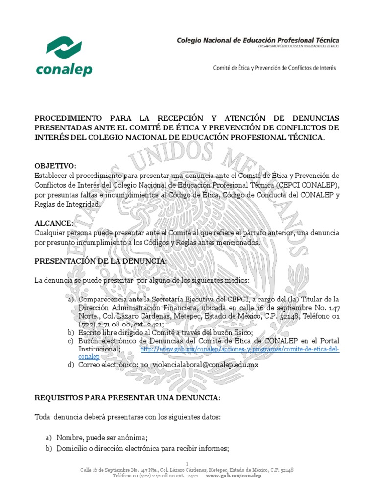 PROCEDIMIENTO para La Recepci N y Atenci N de Denuncias CONALEP | PDF ... PROCEDIMIENTO para La Recepci N y Atenci N de Denuncias CONALEP | PDF ...
