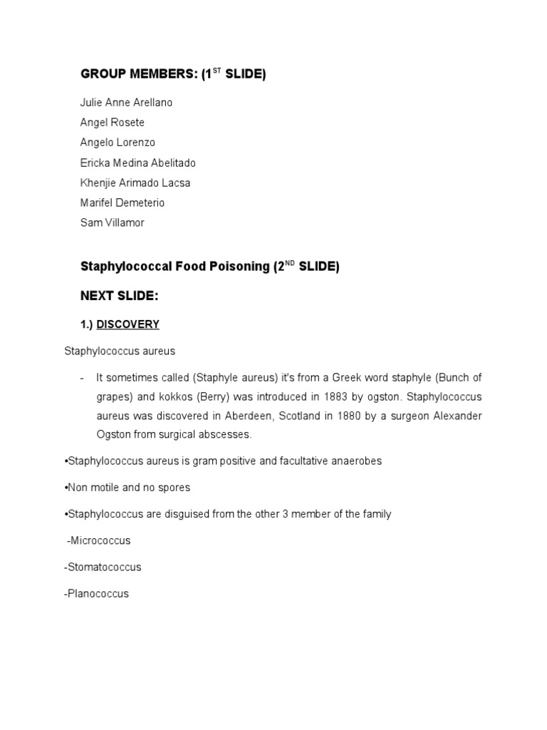Staphylococcal Food Poisoning PPT Content | PDF | Staphylococcus ...