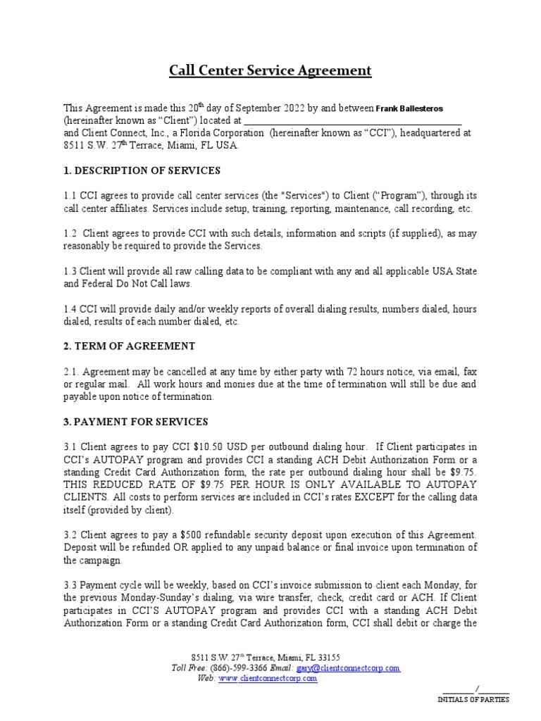 CCI Call Center Agreement | PDF | Indemnity | Arbitration