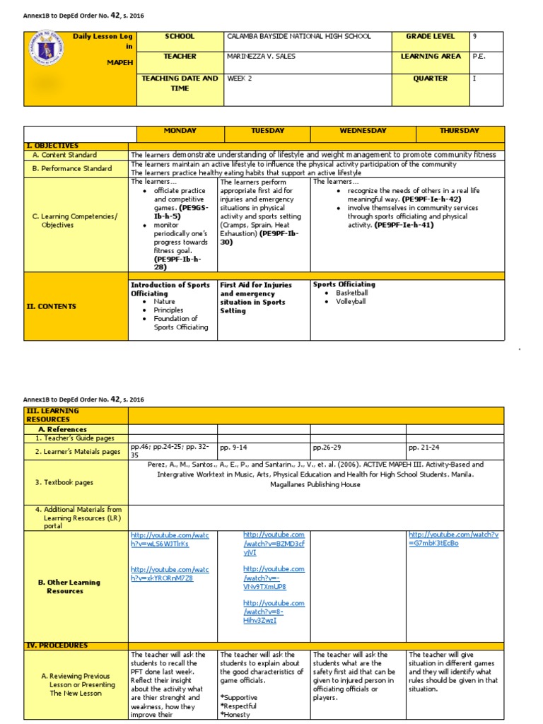 q1 Grade 9 Pe DLL Week 2 | PDF | Learning | Rubric (Academic)