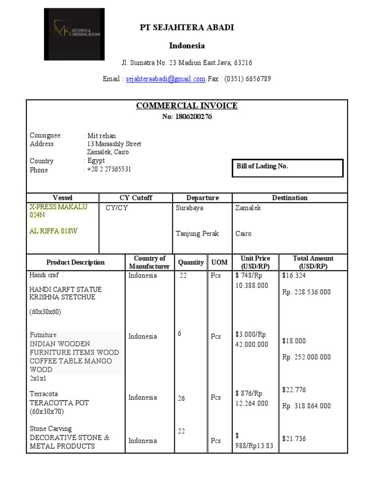 Commercial Invoice for the Export of Handicrafts, Furniture, Terracotta, and Decorative Stone ...