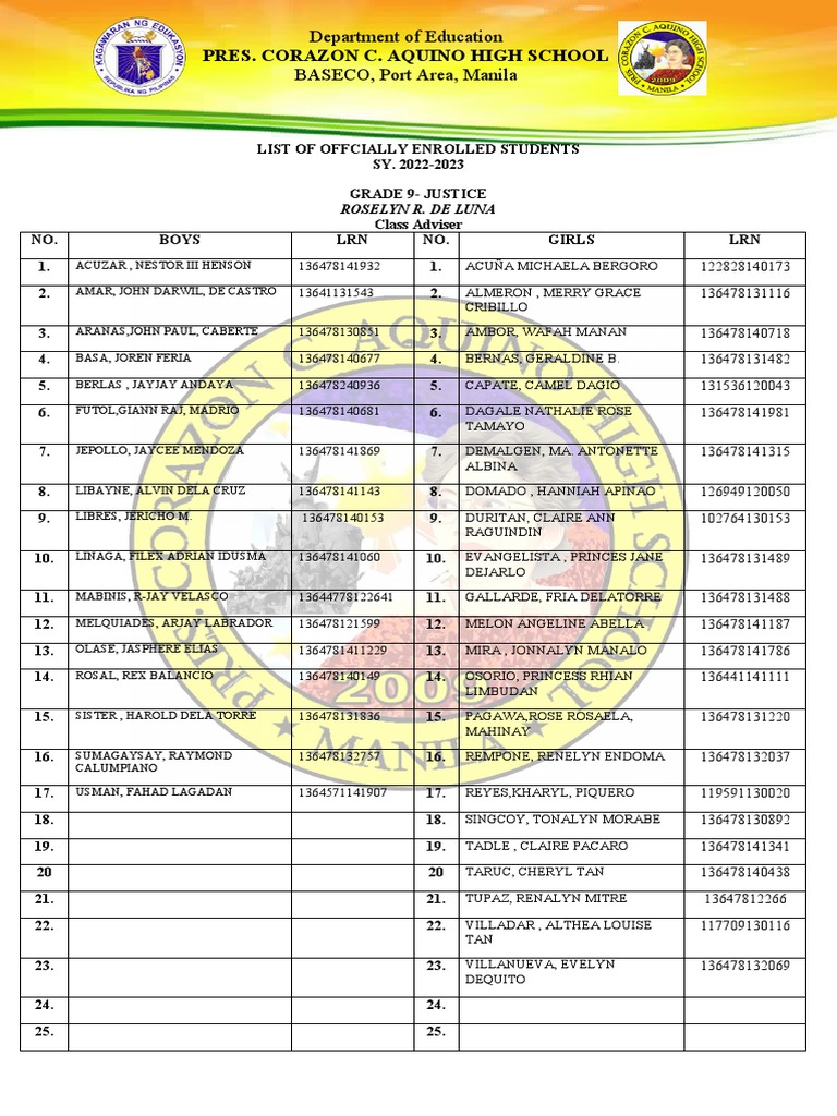 List of Offcially Enrolled Students - Template | PDF