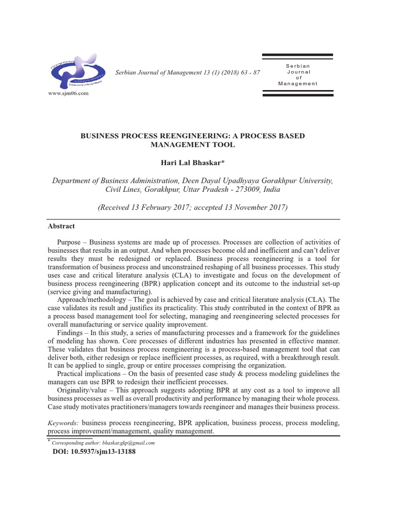 Business Process Reengineering A Process Based Management Toolserbian Journal of Management ...