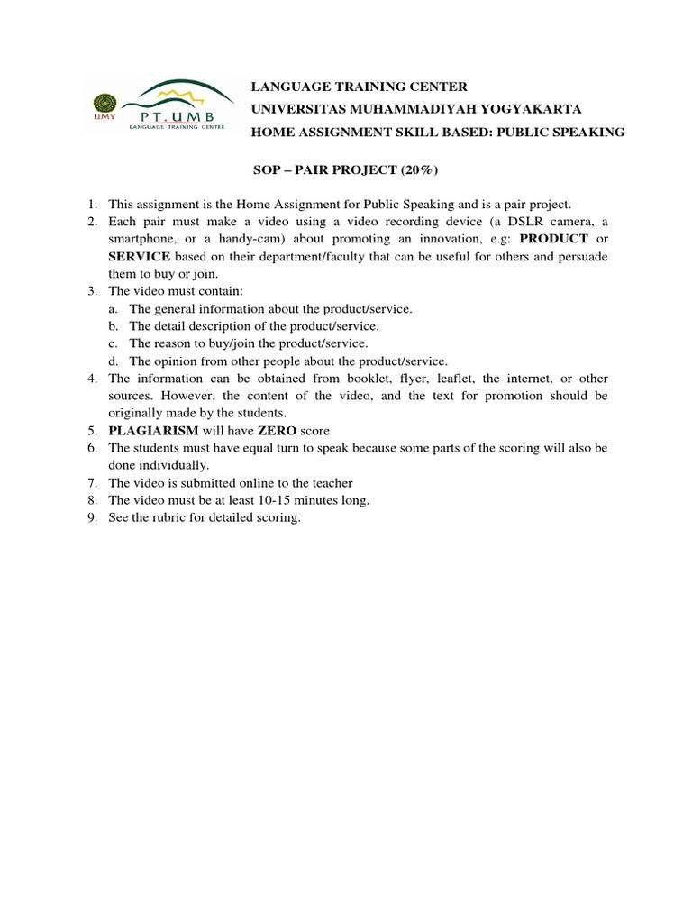 SOP Rubric Home Assignment Public Speaking | PDF