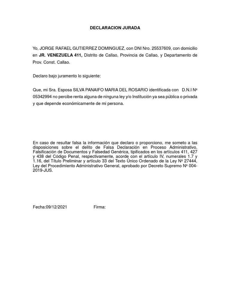 Declaración Jurada de Dependencia Económica | PDF