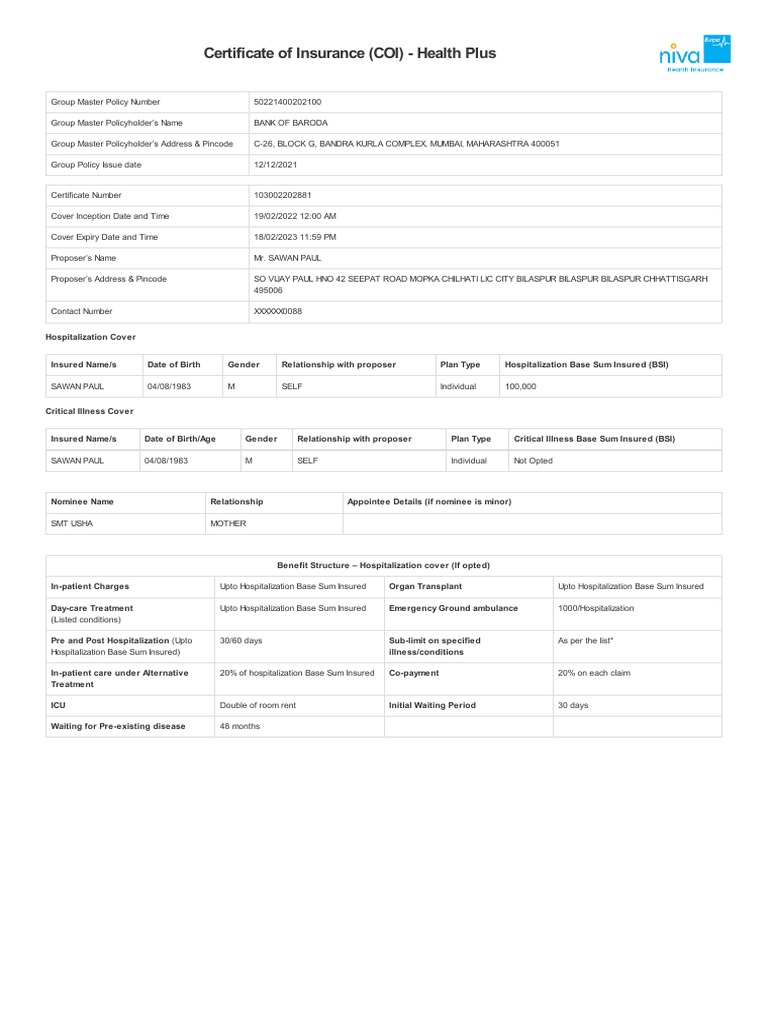 Certificate of Insurance (COI) - Health Plus | PDF | Insurance | Mental ...
