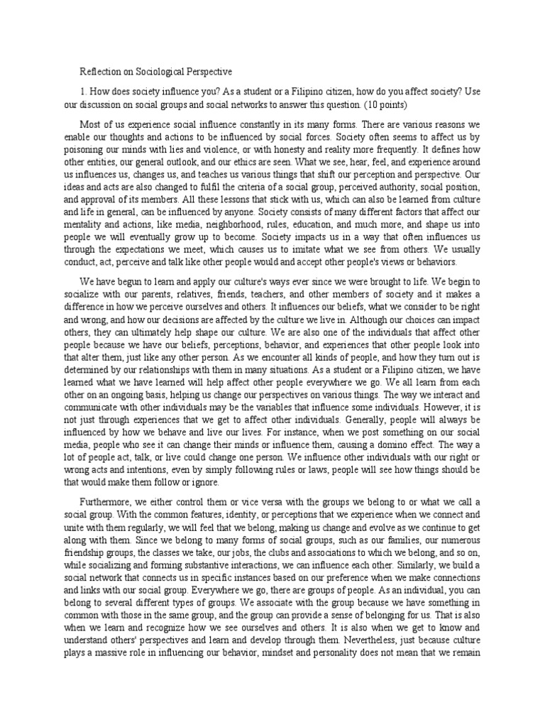 Reflection On Sociological Perspective | PDF | Experience | Social Group