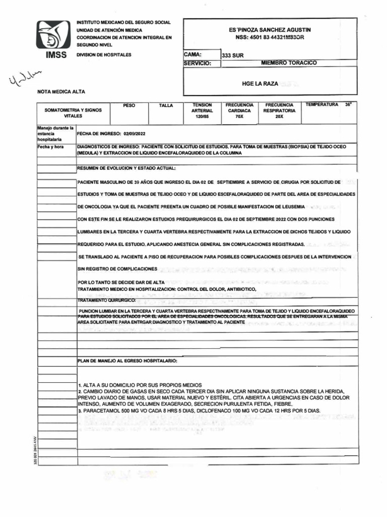 Hoja de Alta y Diagnostico de Imms | PDF | Medicina | Enfermedades y ...