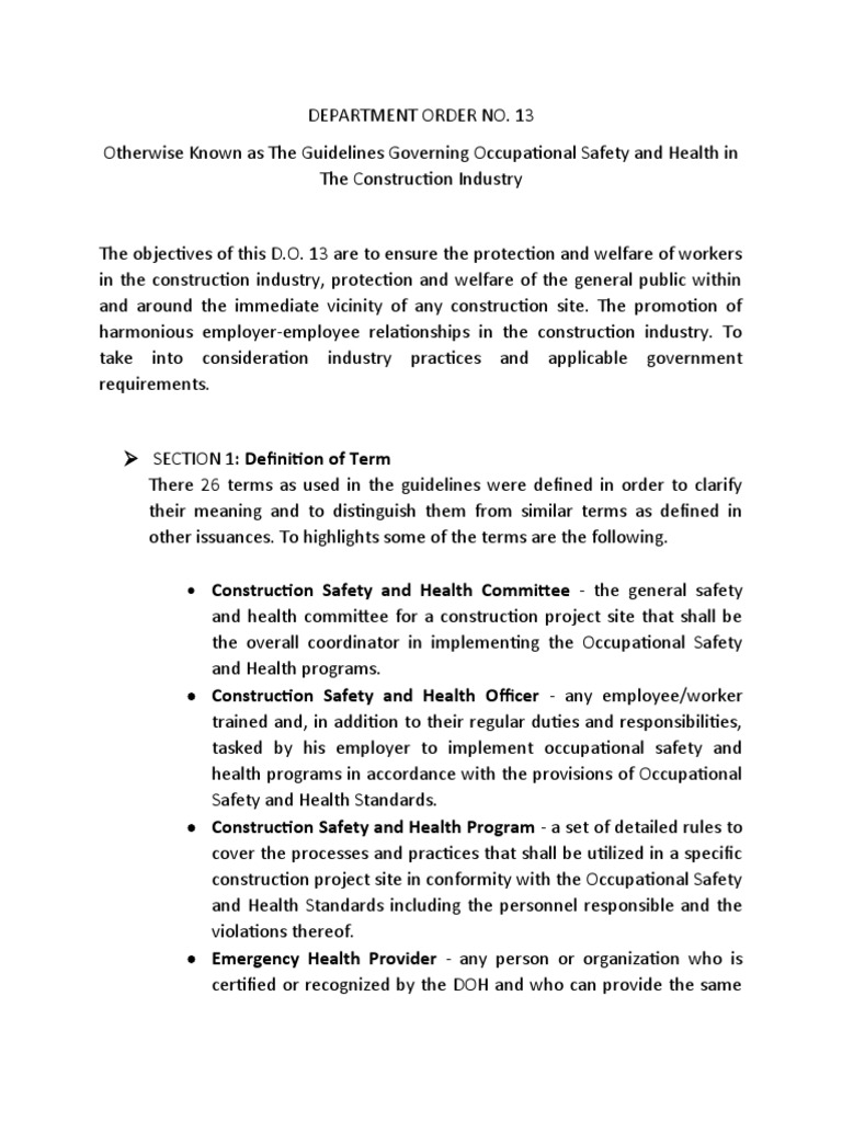 Department Order No. 13 | PDF | Occupational Safety And Health | Safety