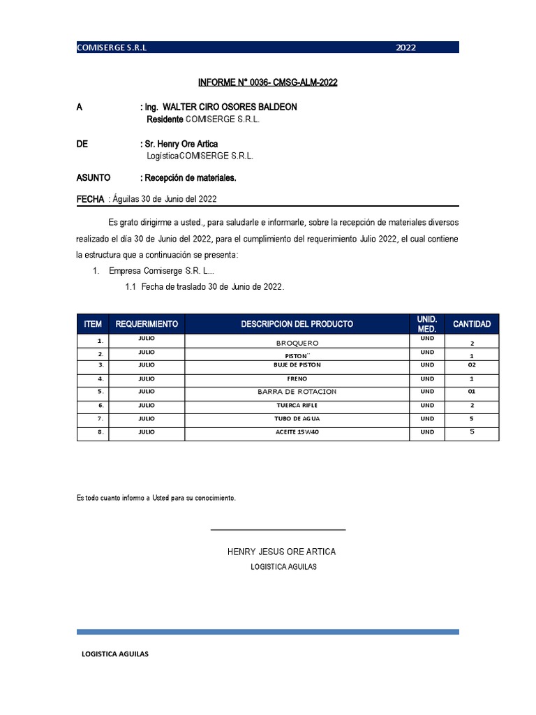 Informe de Recepcion 30 Junio | PDF
