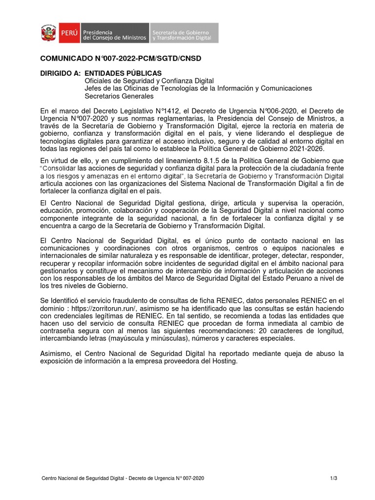 Comunicado 007-CNSD 13052022 | PDF | La seguridad informática | Seguridad